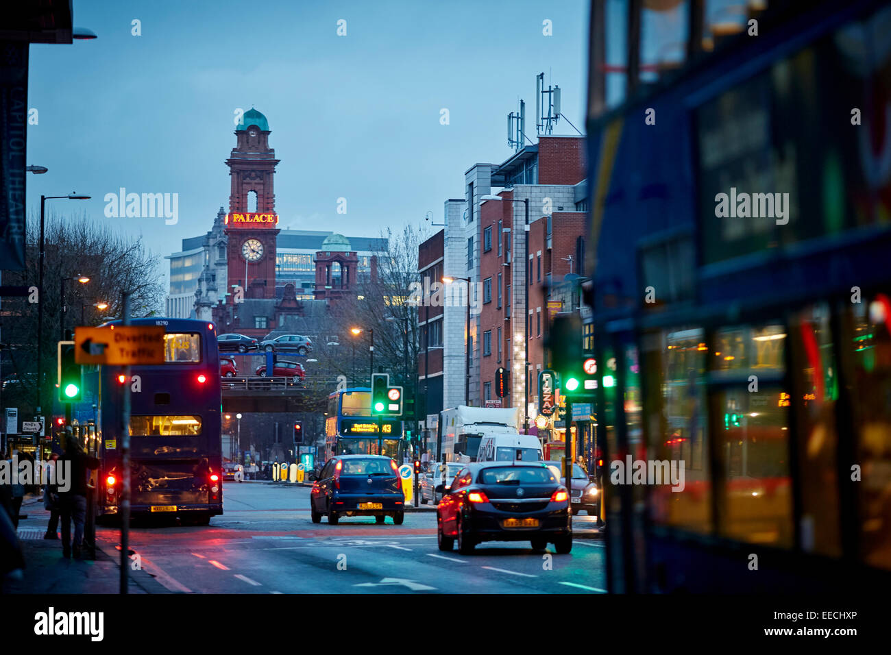 Oxford Road in Manchester UK , looking into Manchester city centre and framed by The Palace ...