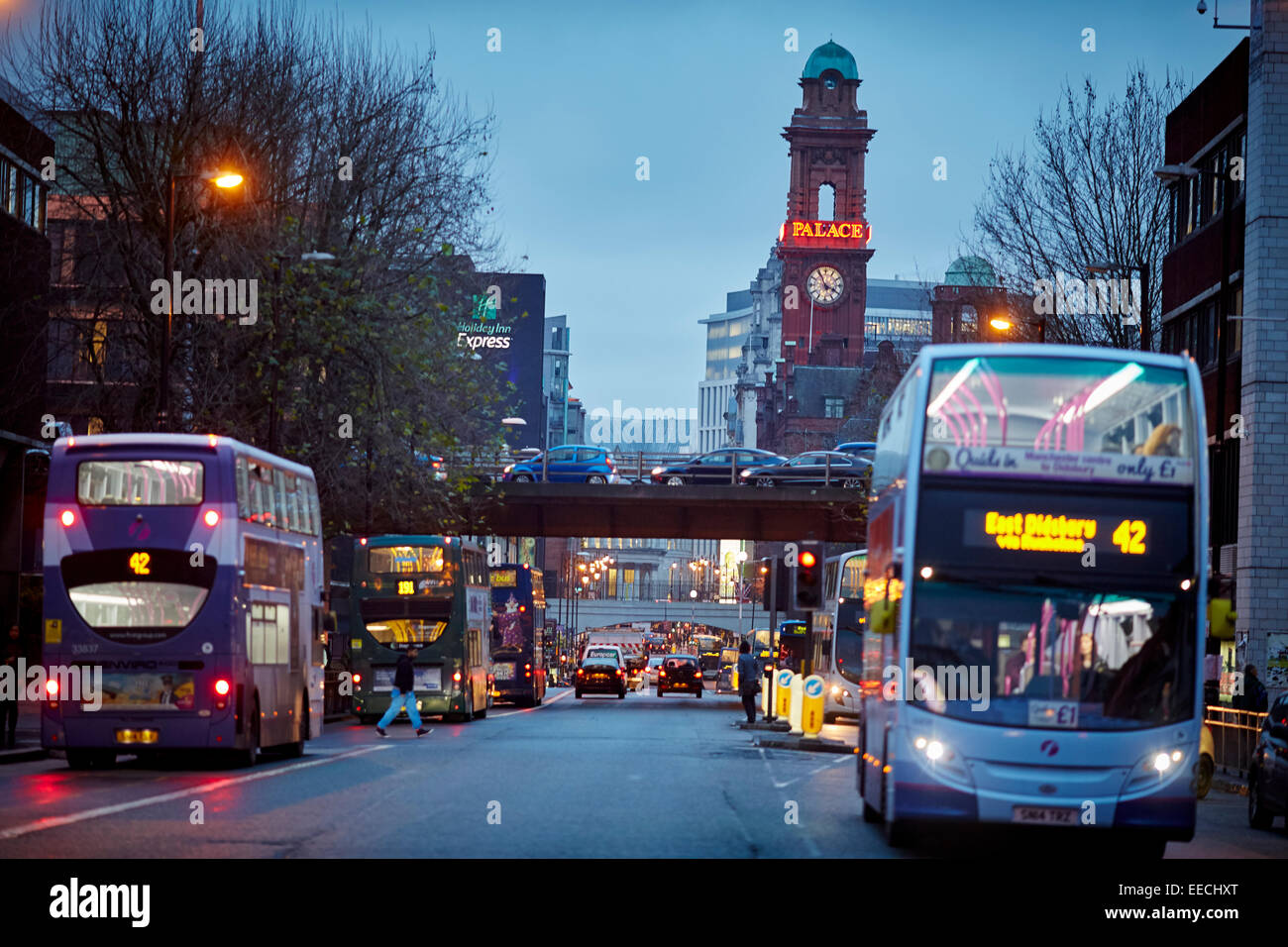 Oxford Road in Manchester UK , looking into Manchester city centre and framed by The Palace ...