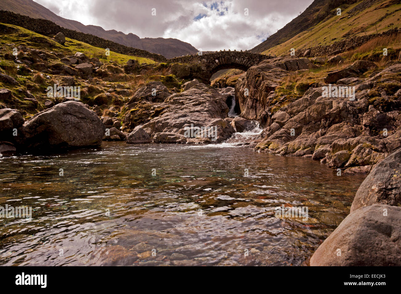 Stockley Bridge and Grains Gill in the the Borrowdale Valley, in the ...