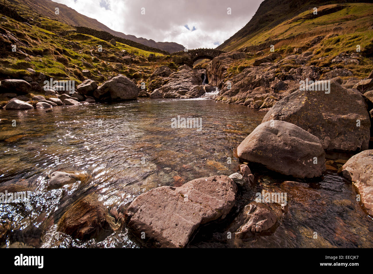Stockley Bridge and Grains Gill in the the Borrowdale Valley, in the ...