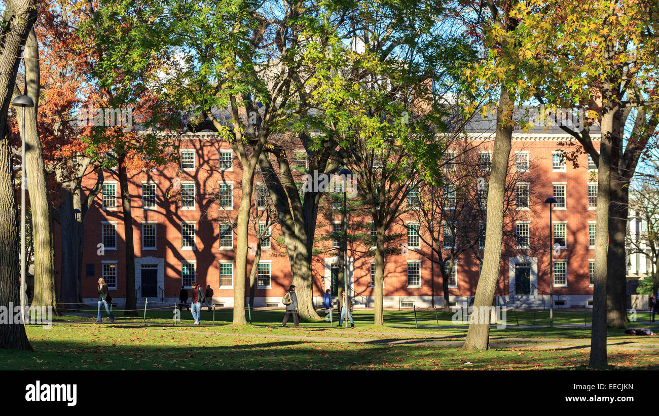 View of historic red brick form buildings across Harvard Yard on a ...