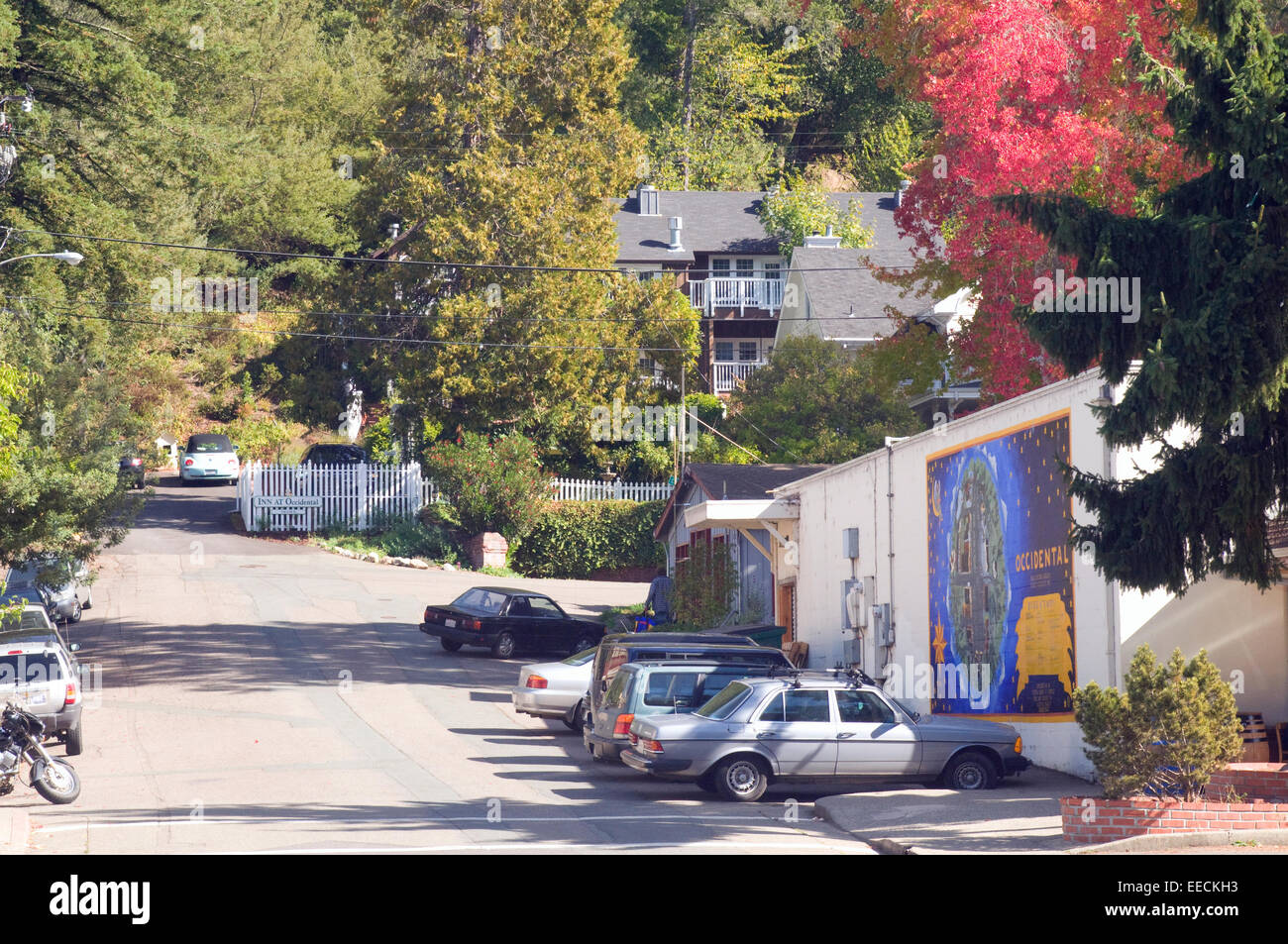 Autumnal street scene in quaint town of Occidental North California USA ...