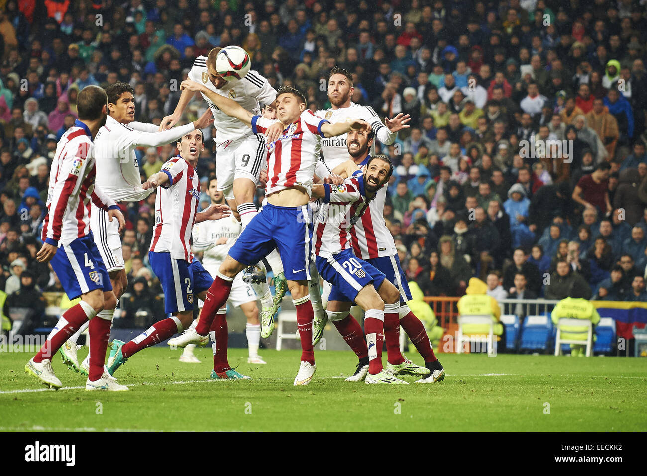 Madrid, Spain. 15th Jan, 2015. Godin, Mario Suarez, Raphael Varane ...