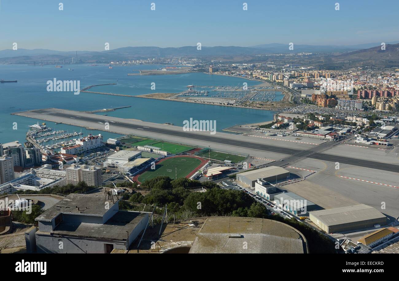 Gibraltar International Airport runway on Bay of Gibraltar Algeciras UK ...