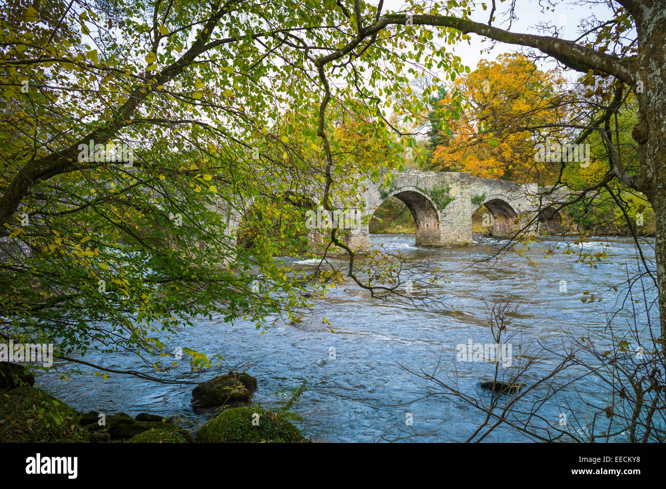 Ancient LLangynidr Bridge road bridge with arches across River Usk ...