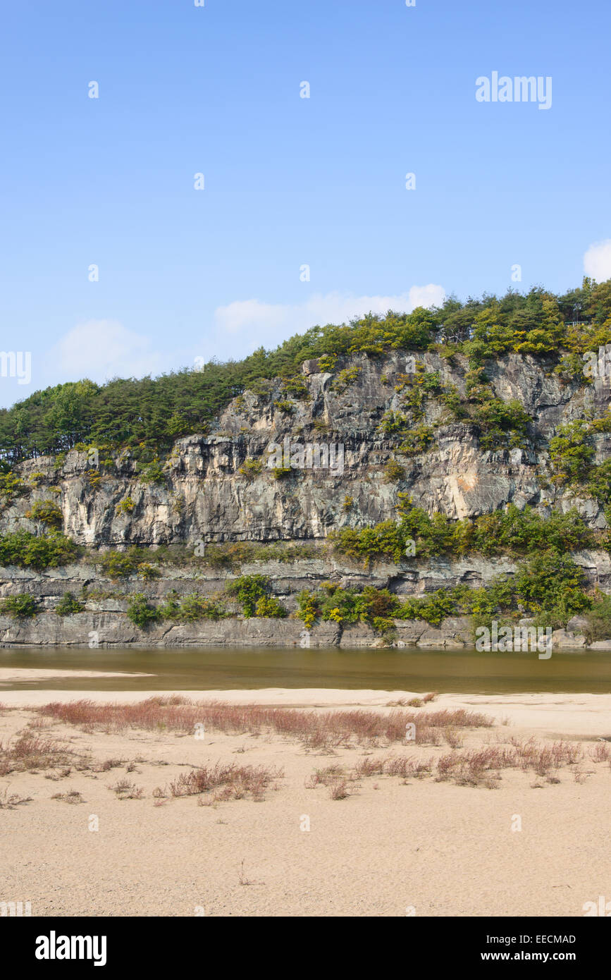 rock cliff called Buyongdae in Andong Hahoe folk village. Hahoe Folk ...