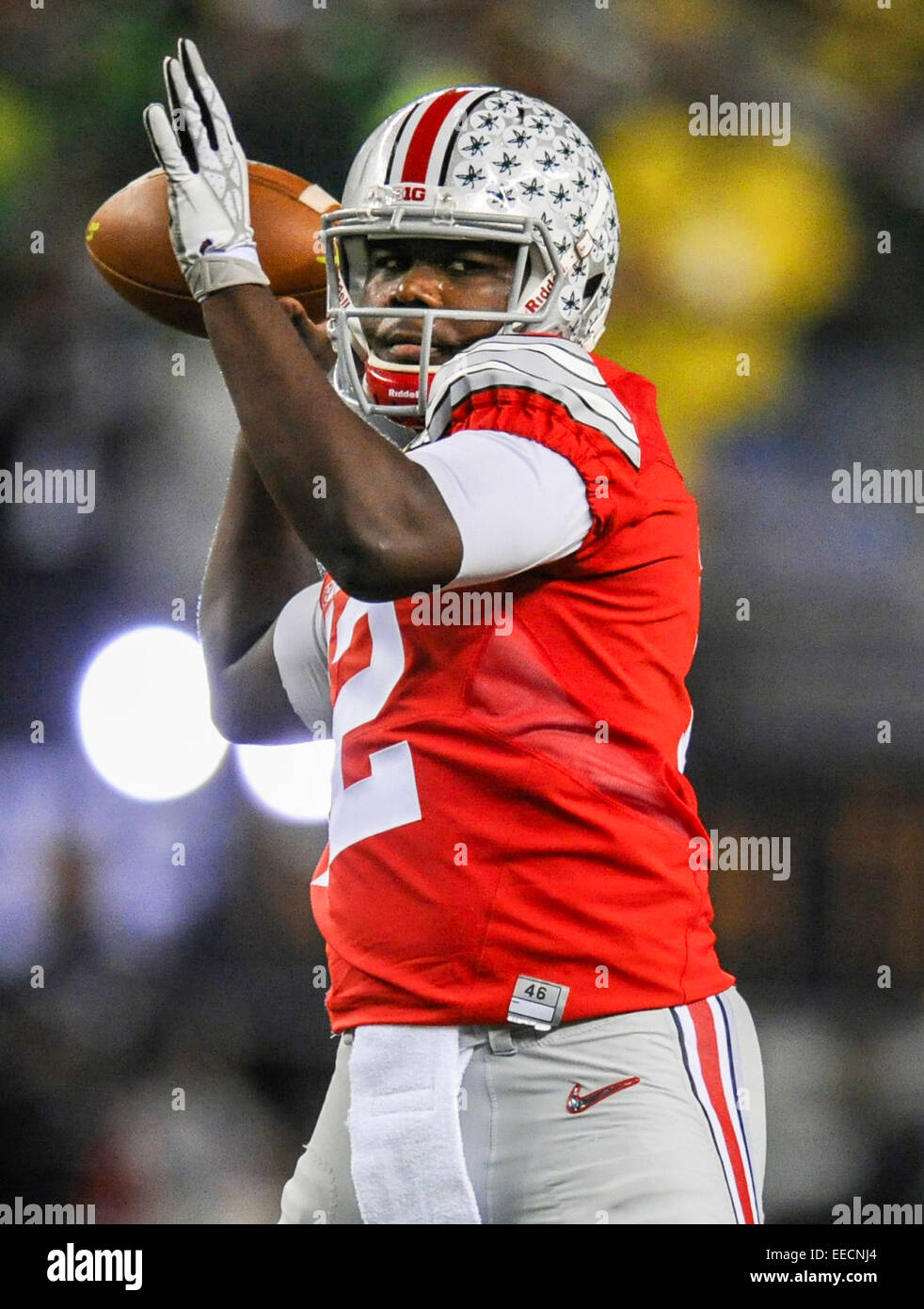 Ohio State quarterback Cardale Jones (12) throws a pass during pregame ...