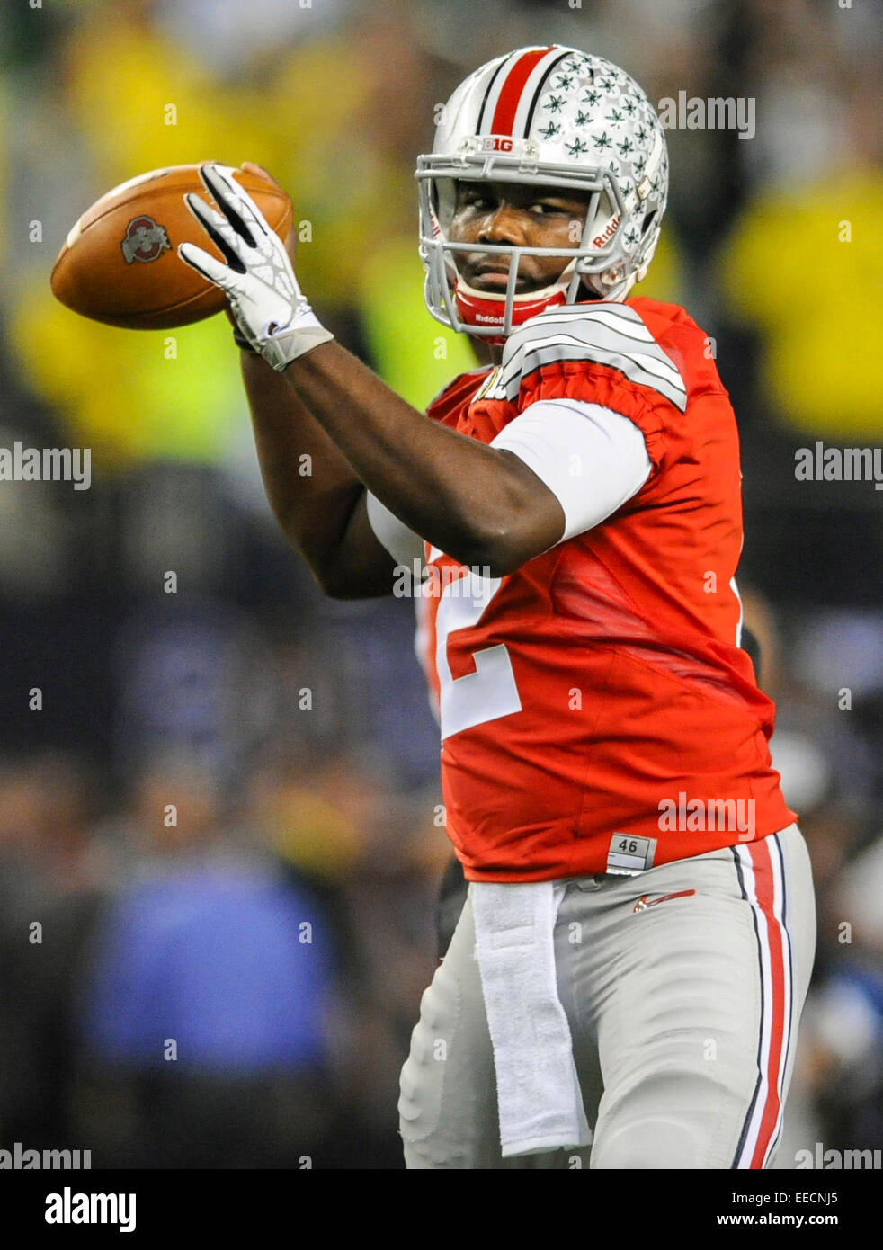 Ohio State quarterback Cardale Jones (12) throws a pass during pregame ...