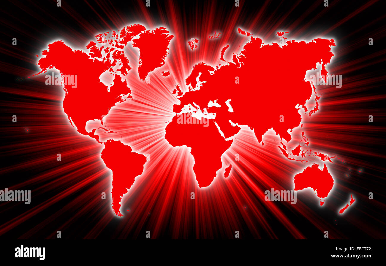 Map of world with starburst on background, red Stock Photo - Alamy