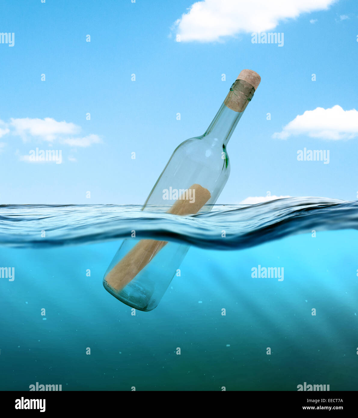 Bottle with a letter from the wreck. A bottle with a note floating in ...