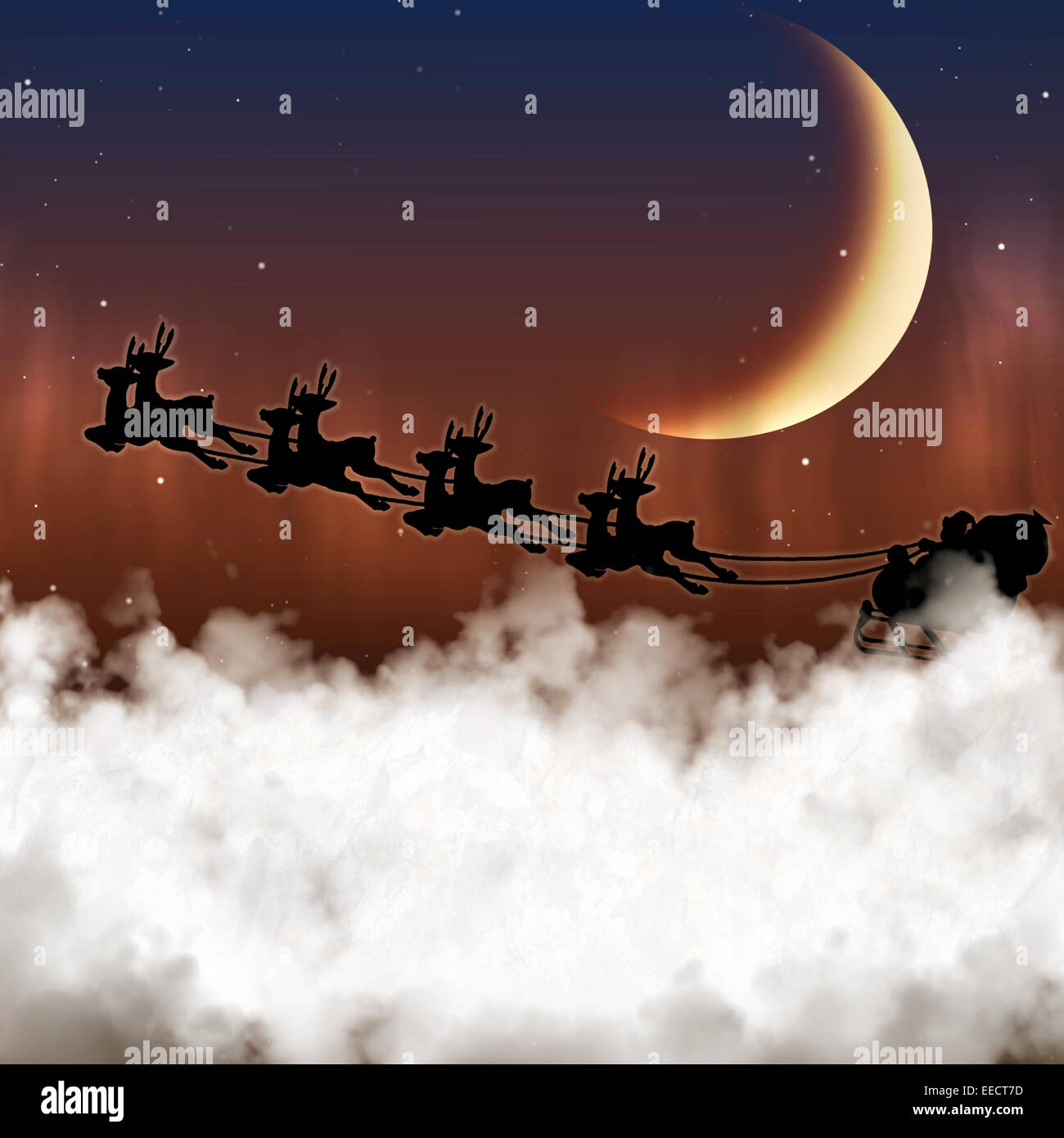 Santa Claus is flying on a background of the moon at night Christmas ...