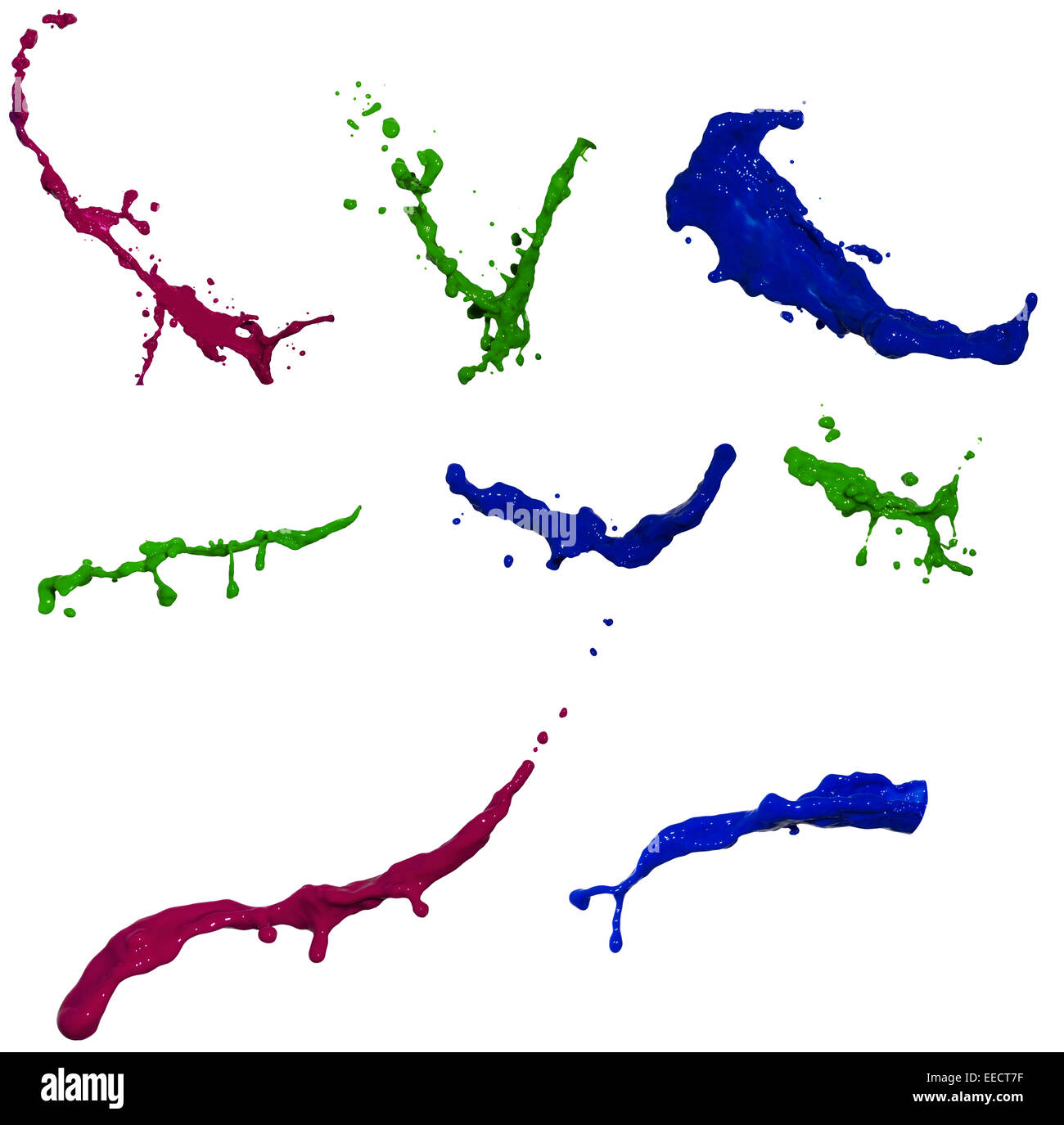 Collection of blue splashes. Set of spray droplets and purple. Isolated ...