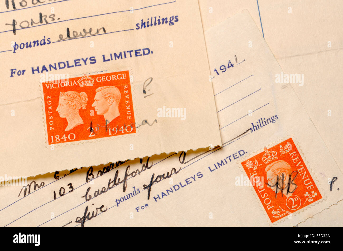 Postage stamps used to legally validate a receipt - George VI, 1941 ...