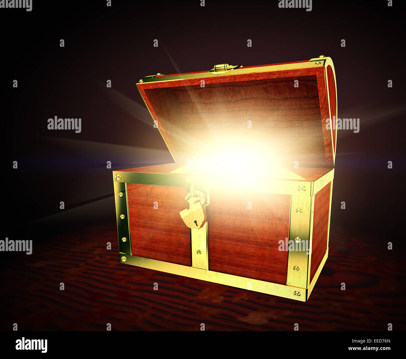 Old wooden treasure chest with strong glow from inside Stock Photo - Alamy