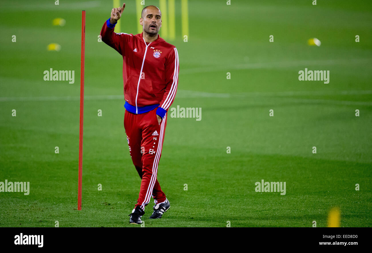 Doha, Qatar. 15th Jan, 2015. Munich's head coach Pep Guardiola gives ...