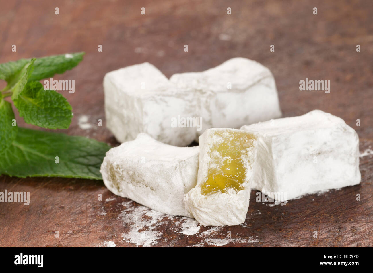 Lukum (Turkish Delight) with mint, macro shot Stock Photo - Alamy