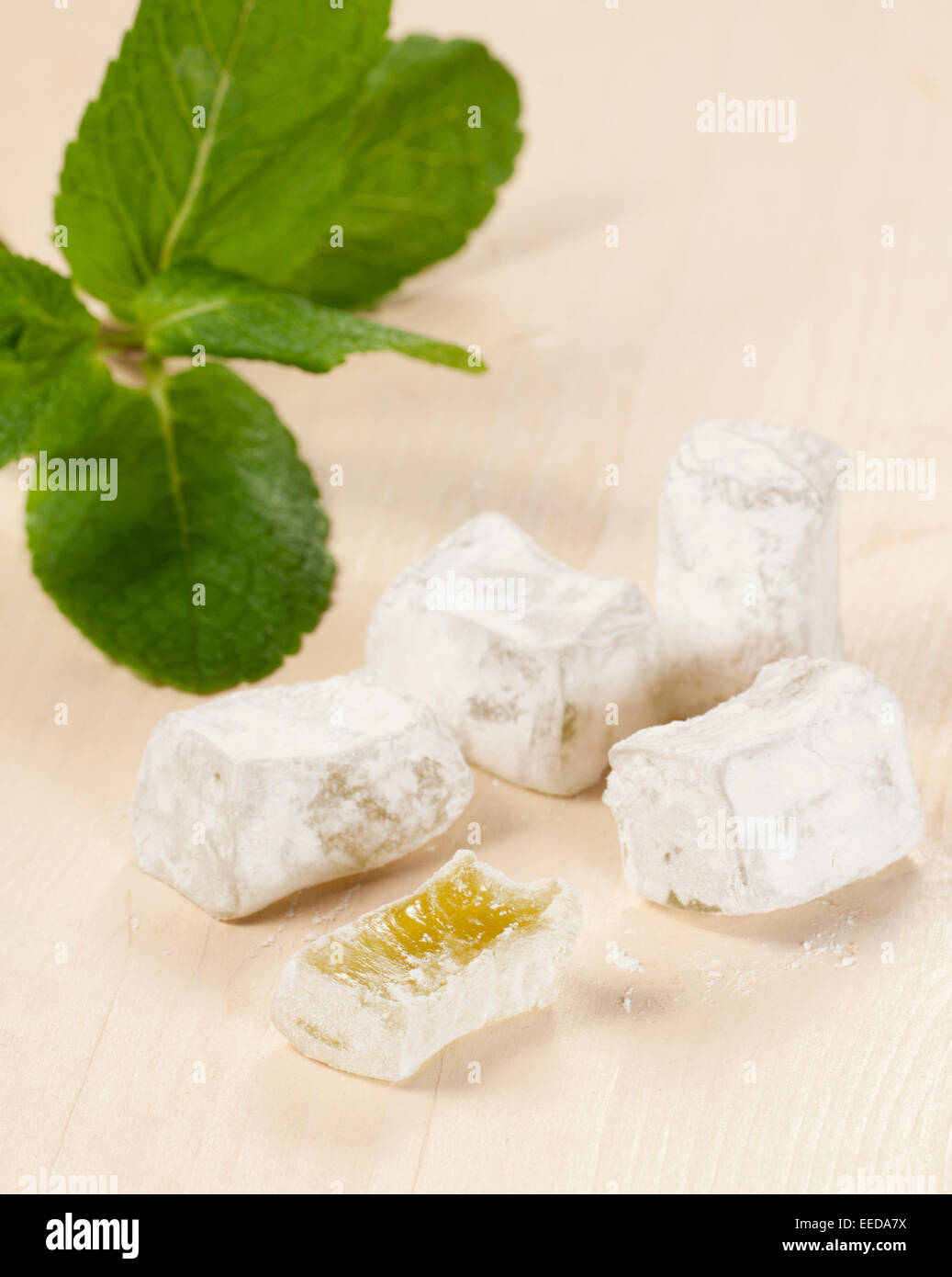 Lukum (Turkish Delight) with mint, macro shot Stock Photo - Alamy