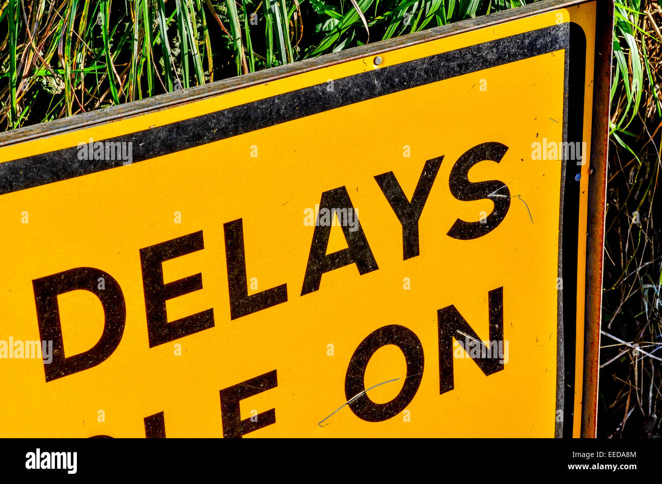 Road 'delays' sign warning of delays to traffic. Concept roadworks ...