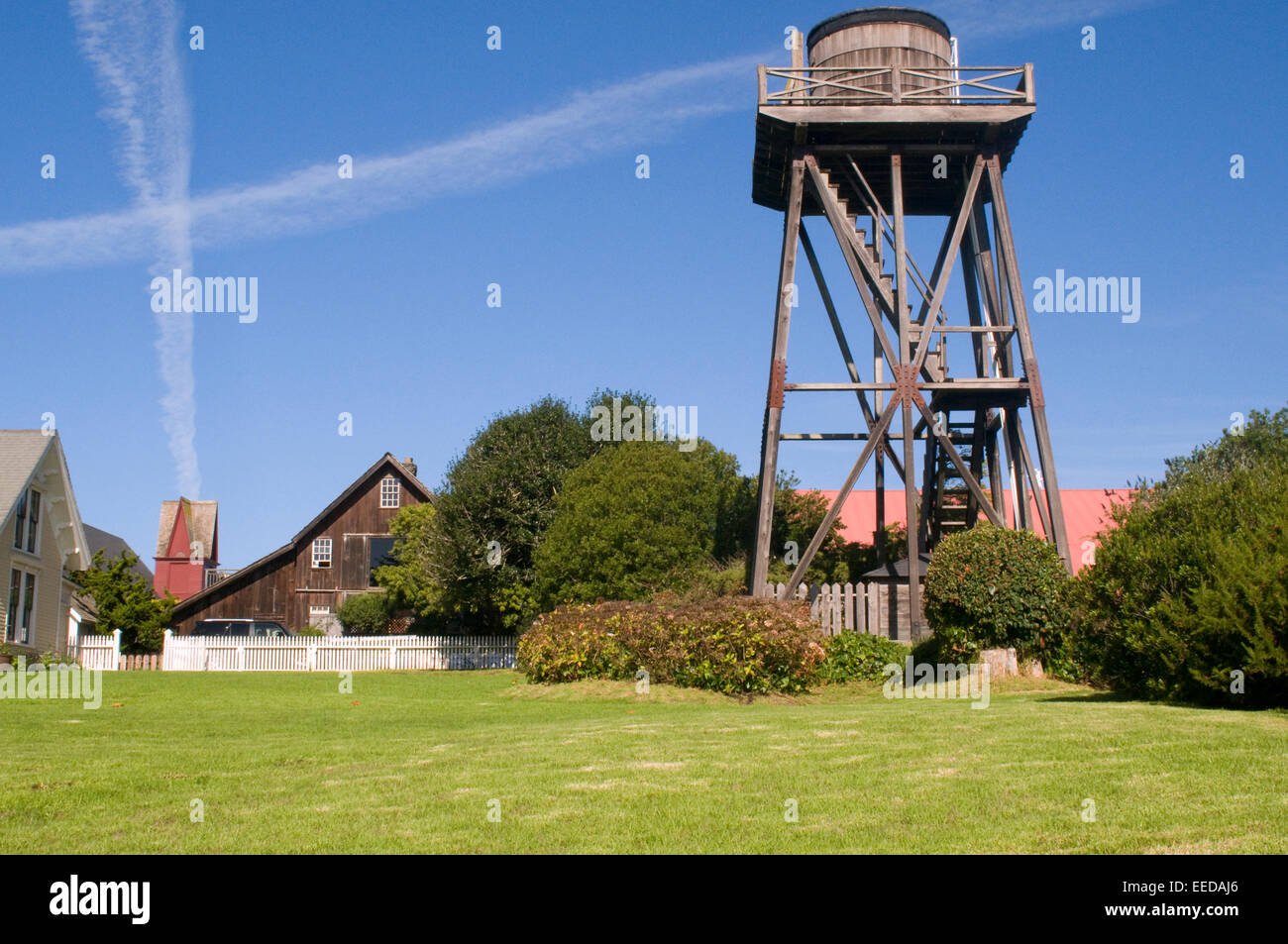 Mendocino wooden water tower with surrounding rustic wooden homesteads ...