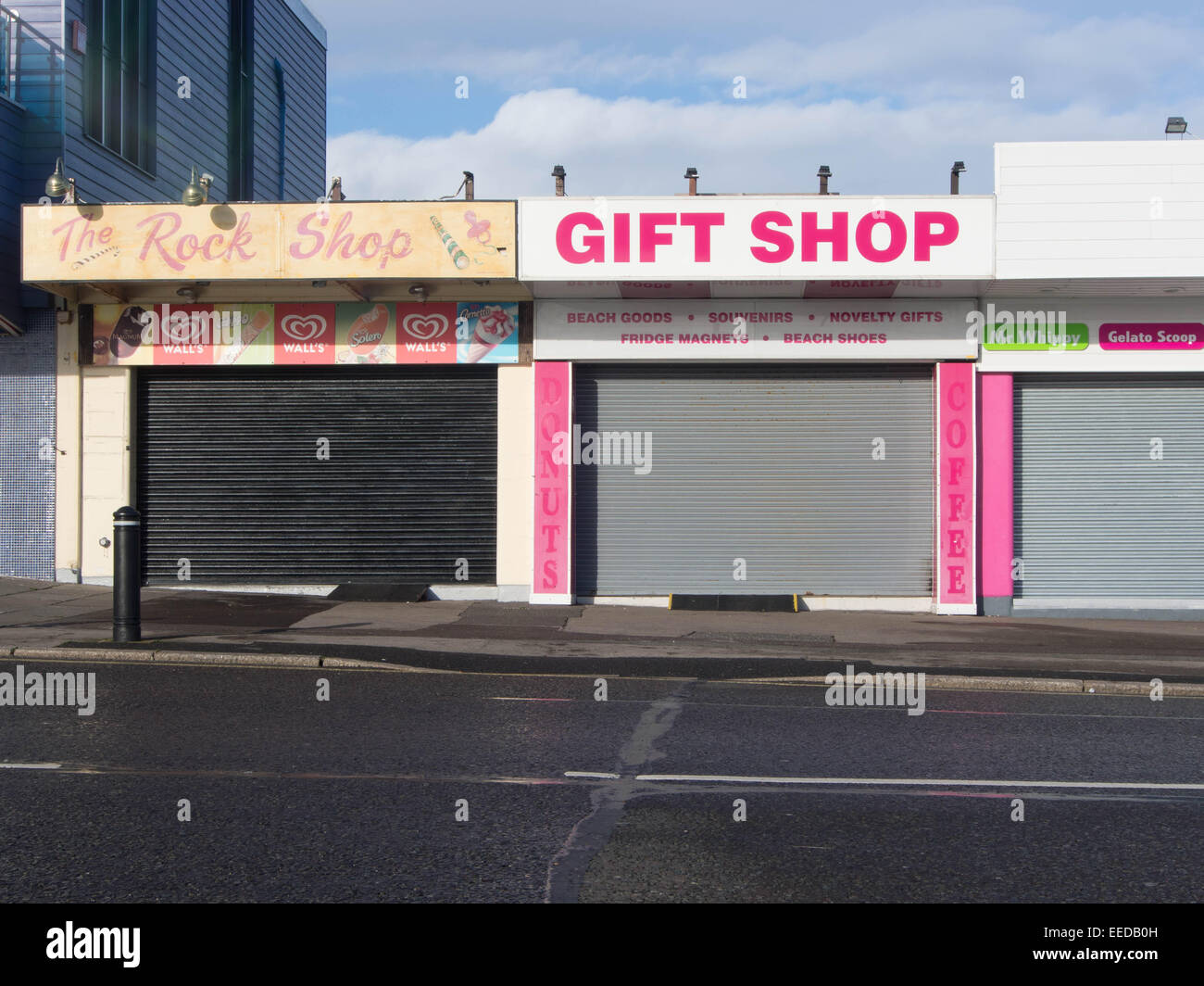 closed, out of season, gift shops and rock shops in a British seaside ...
