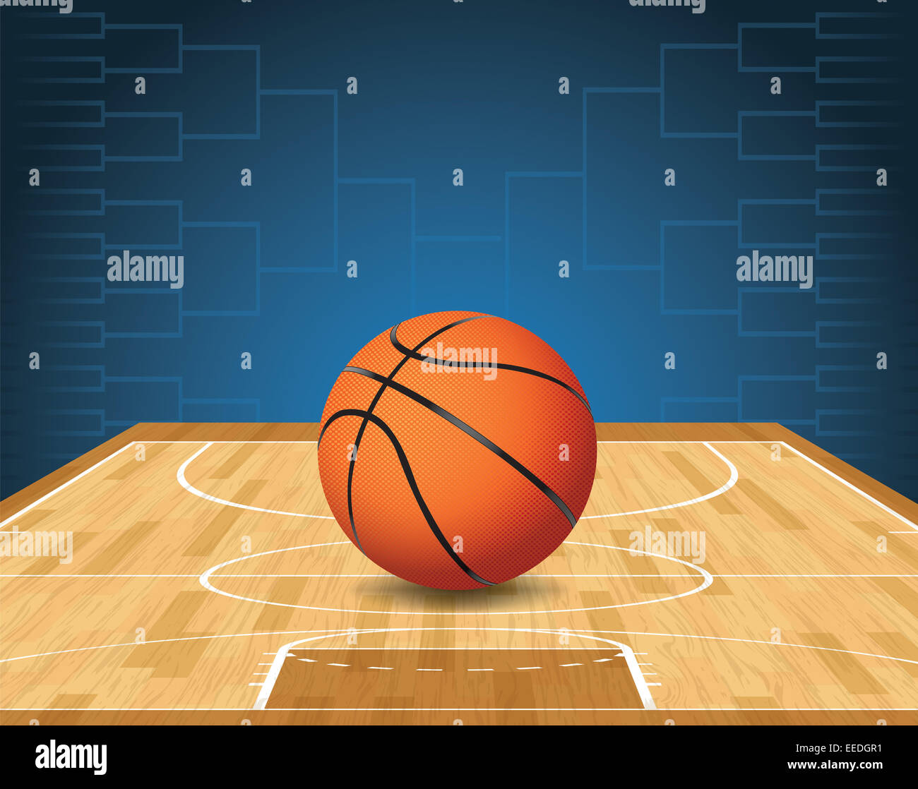 An illustration of a basketball on a court and a tournament bracket in ...