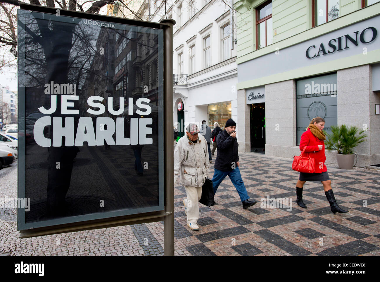 At advertising columns and billboards are black posters with slogan "Je ...
