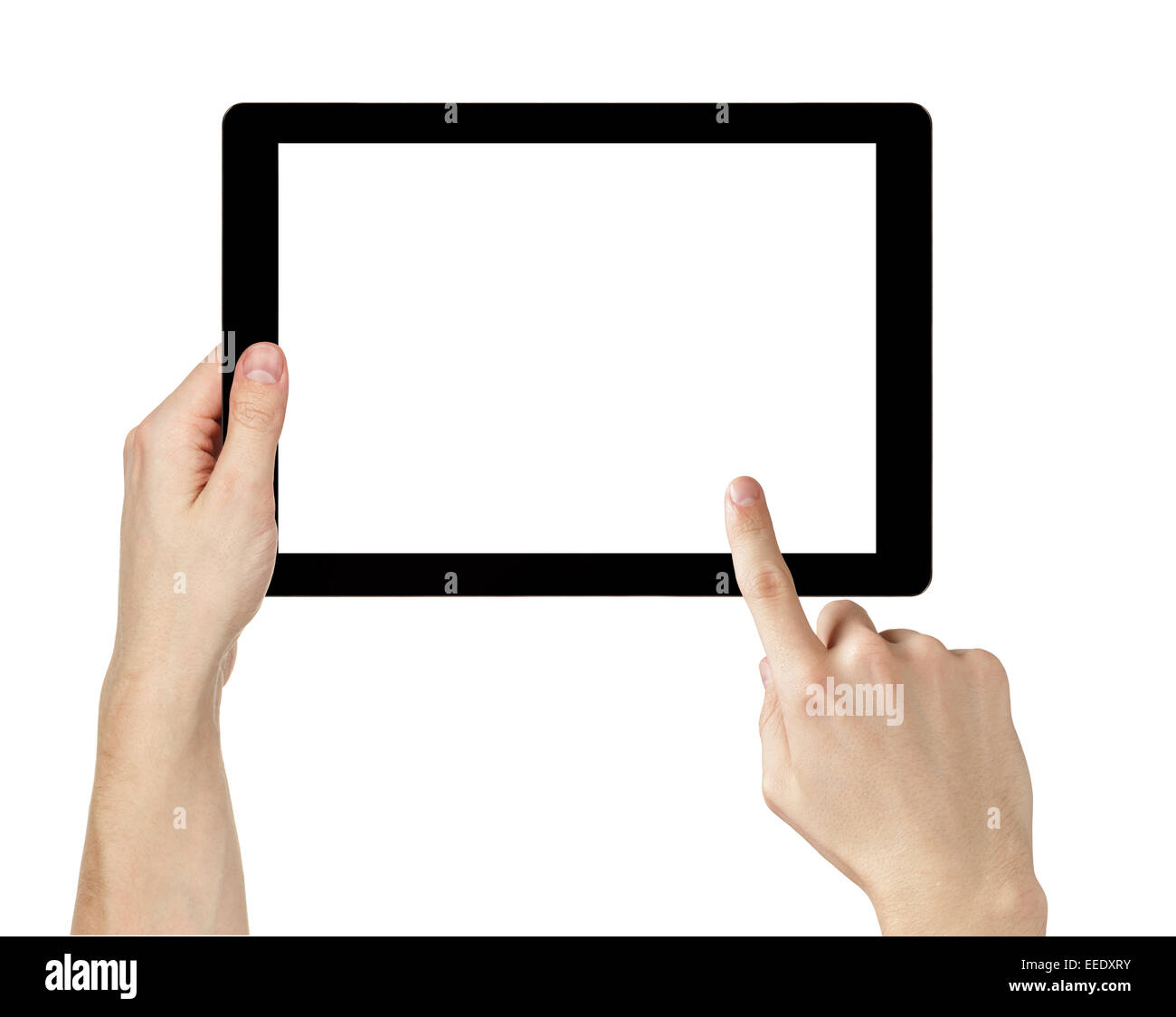 adult man hands using generic tablet pc with white screen, isolated on ...