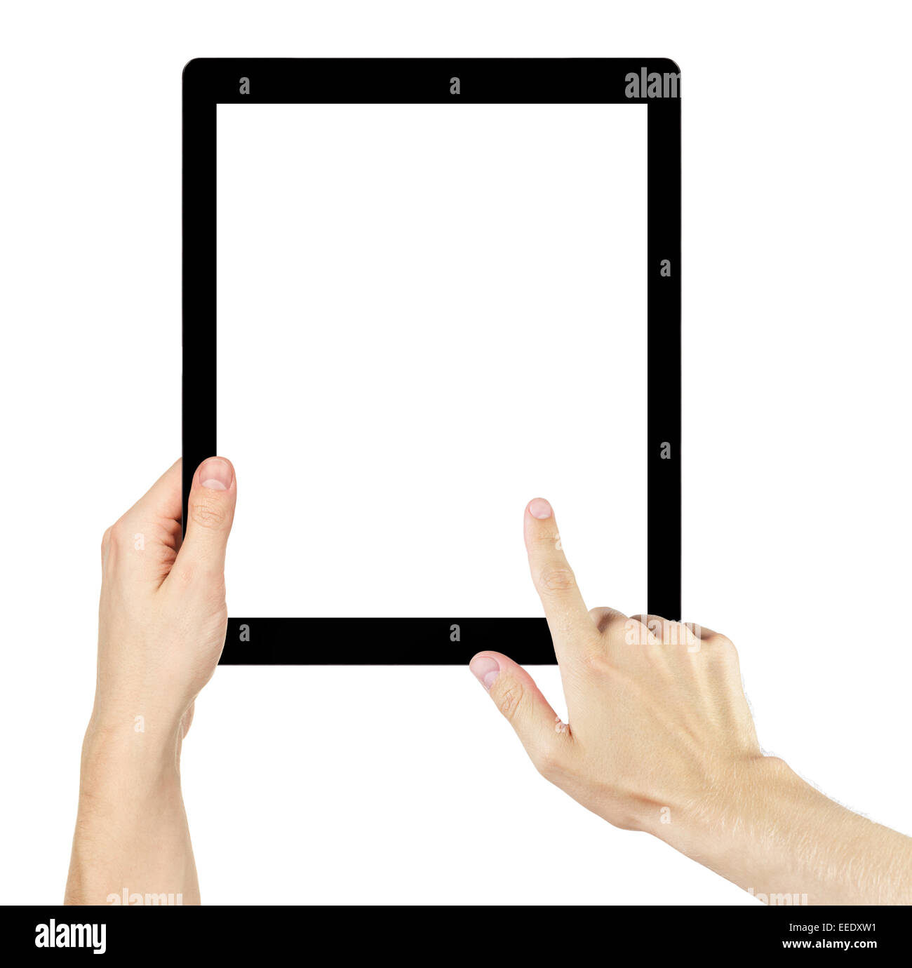 adult man hands using generic tablet pc with white screen, isolated on ...