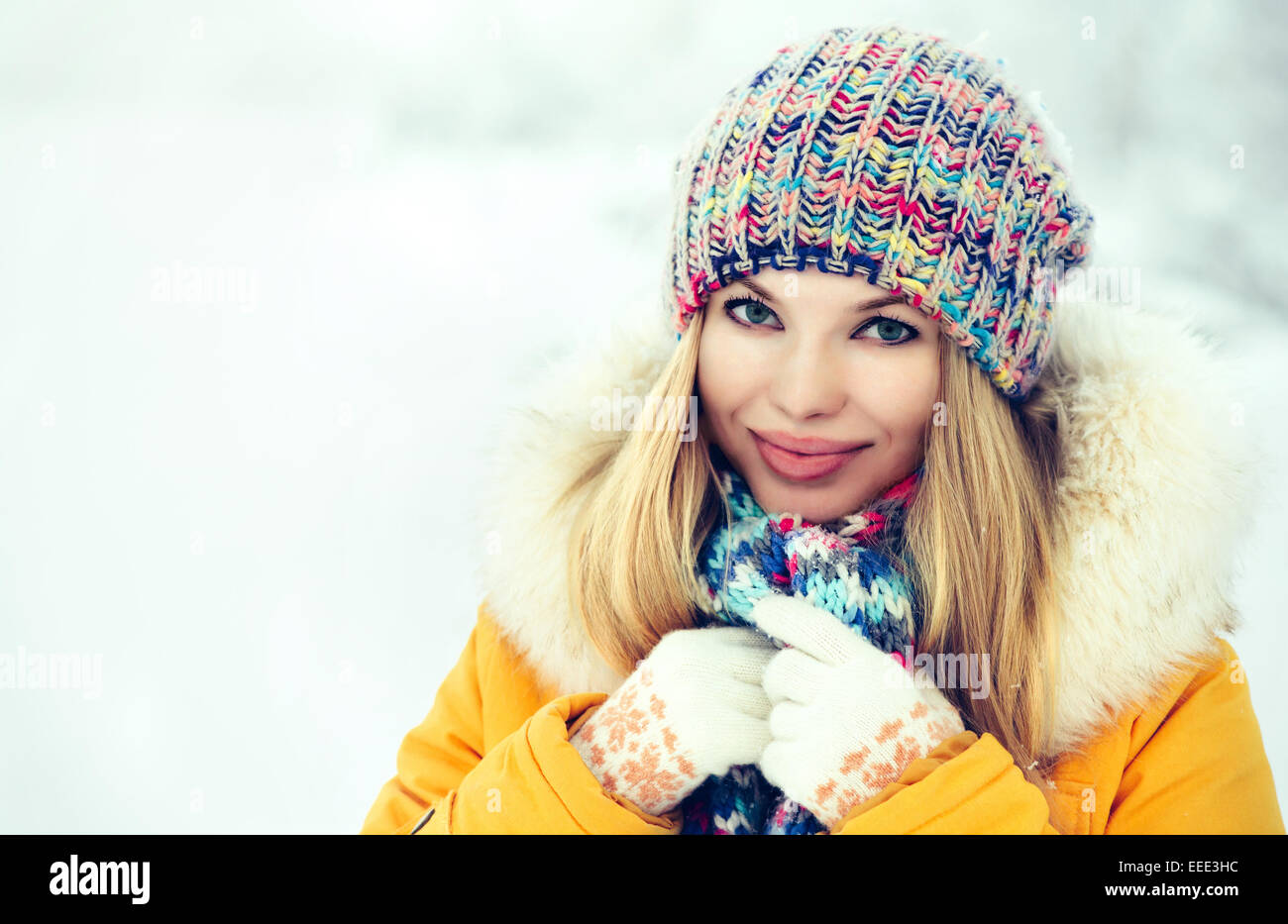Winter Woman Face happy smiling in knitting hat fashion clothing ...