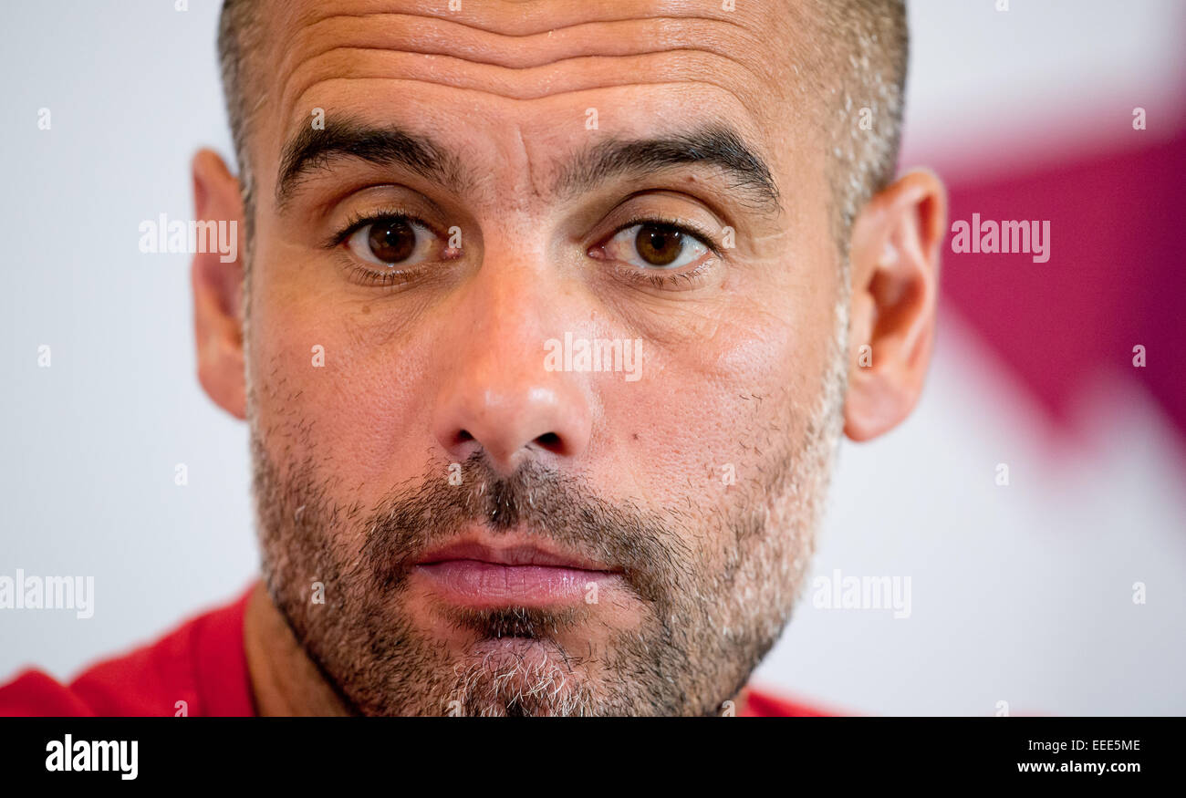 Doha, Qatar. 16th Jan, 2015. Munich's head coach Pep Guardiola is seen ...