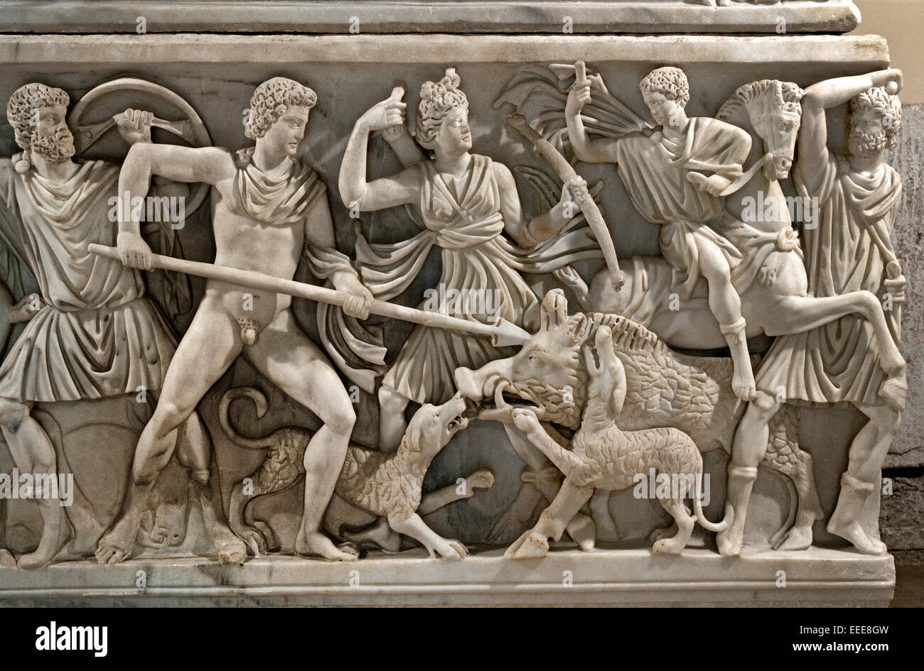 Roman sarcophagus featuring scenes of the Calydonian Boar Hunt Roman ...