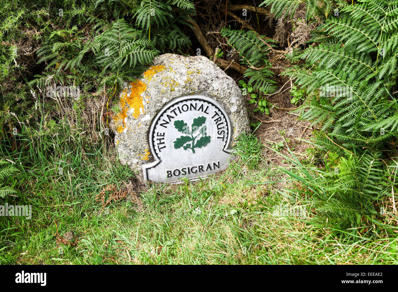 The national trust omega sign at Bosigran cliffs Penwith peninsula in ...