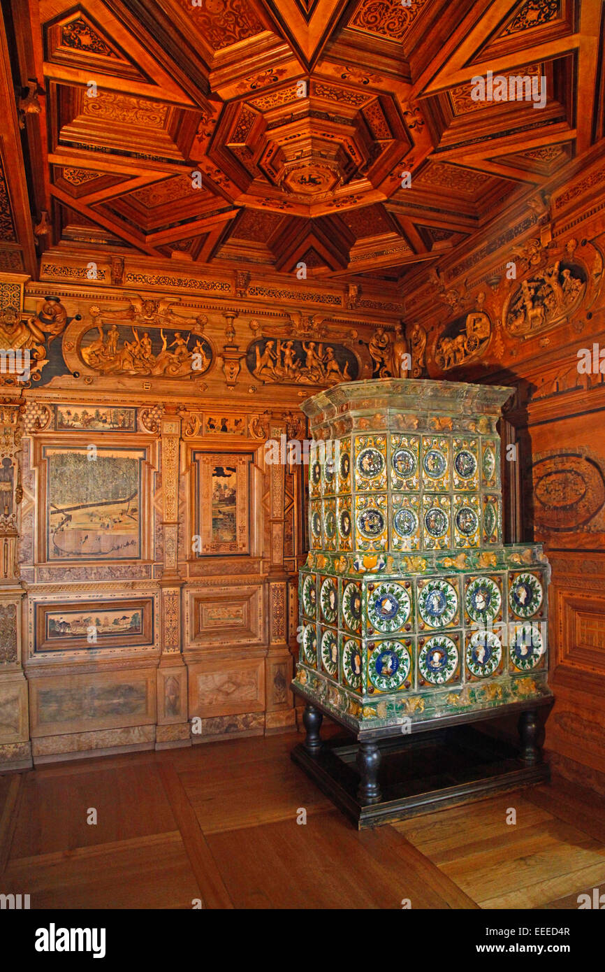 The Marquetry Hunting Room (Horn Room) with its ornate coffered ceiling ...