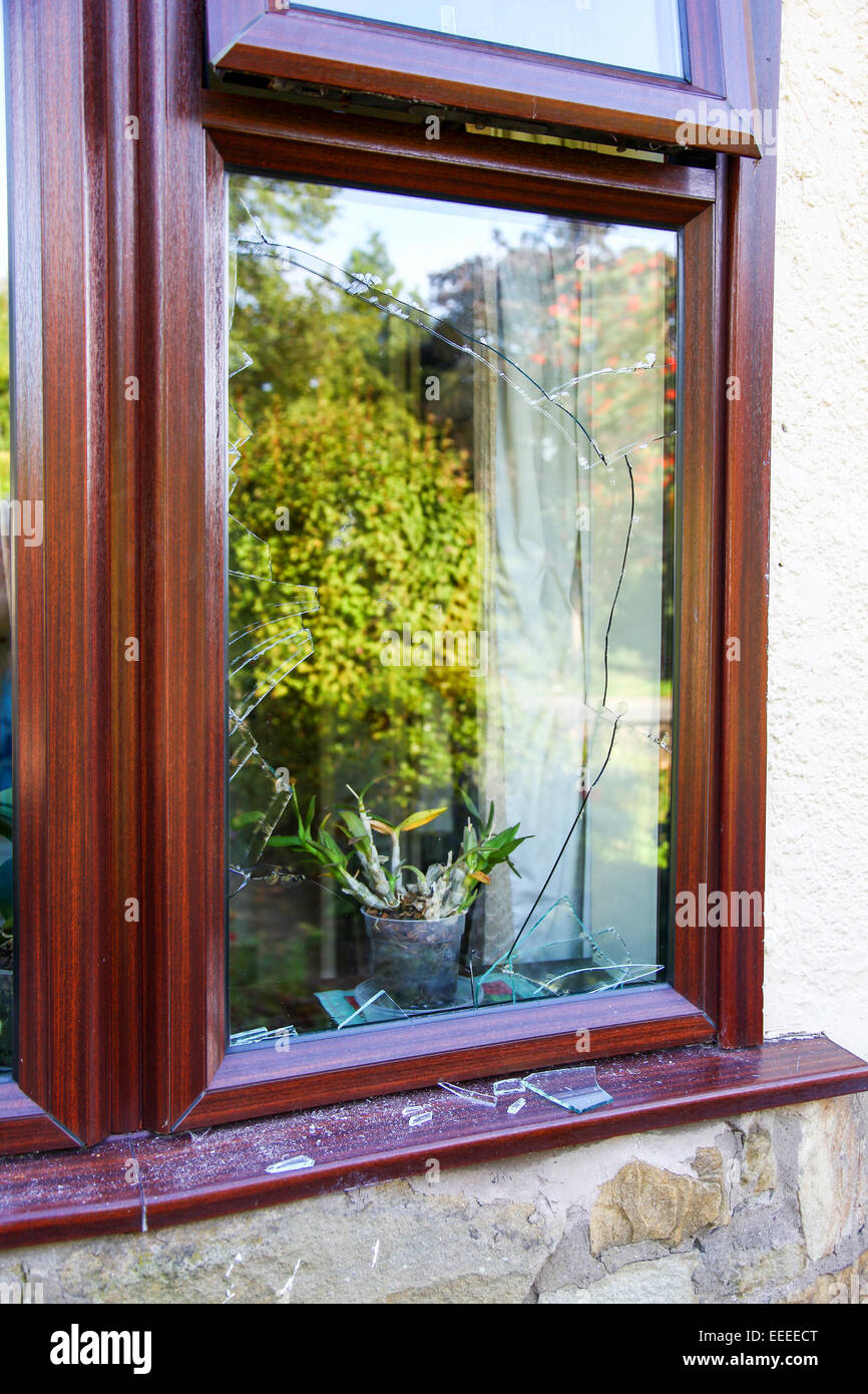 A broken double glazed window after an attempted break in or burglary ...
