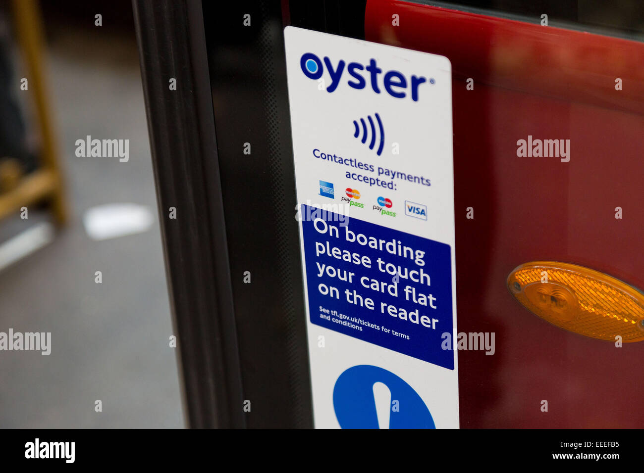 Close up of contactless payment signage on the New Bus for London Stock ...