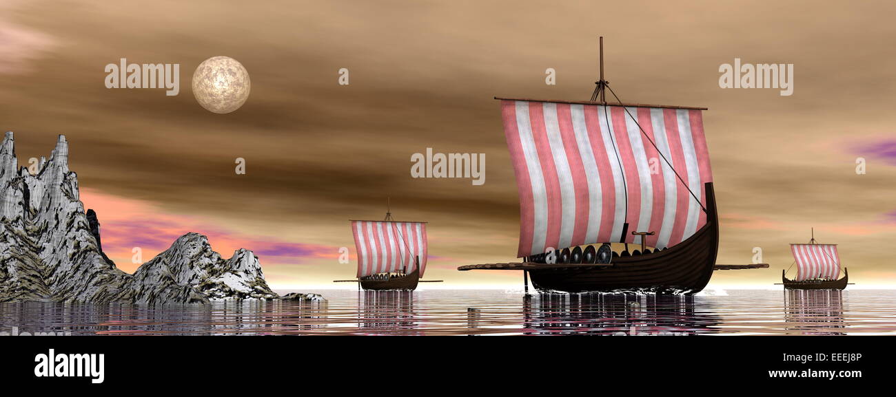 Three drakkars or viking ships floating on the ocean night -3D render ...