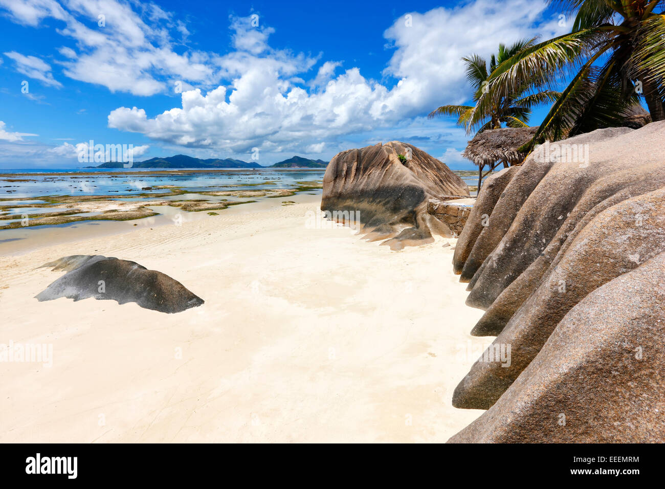 Seychelles beach landscape, La Digue Stock Photo - Alamy