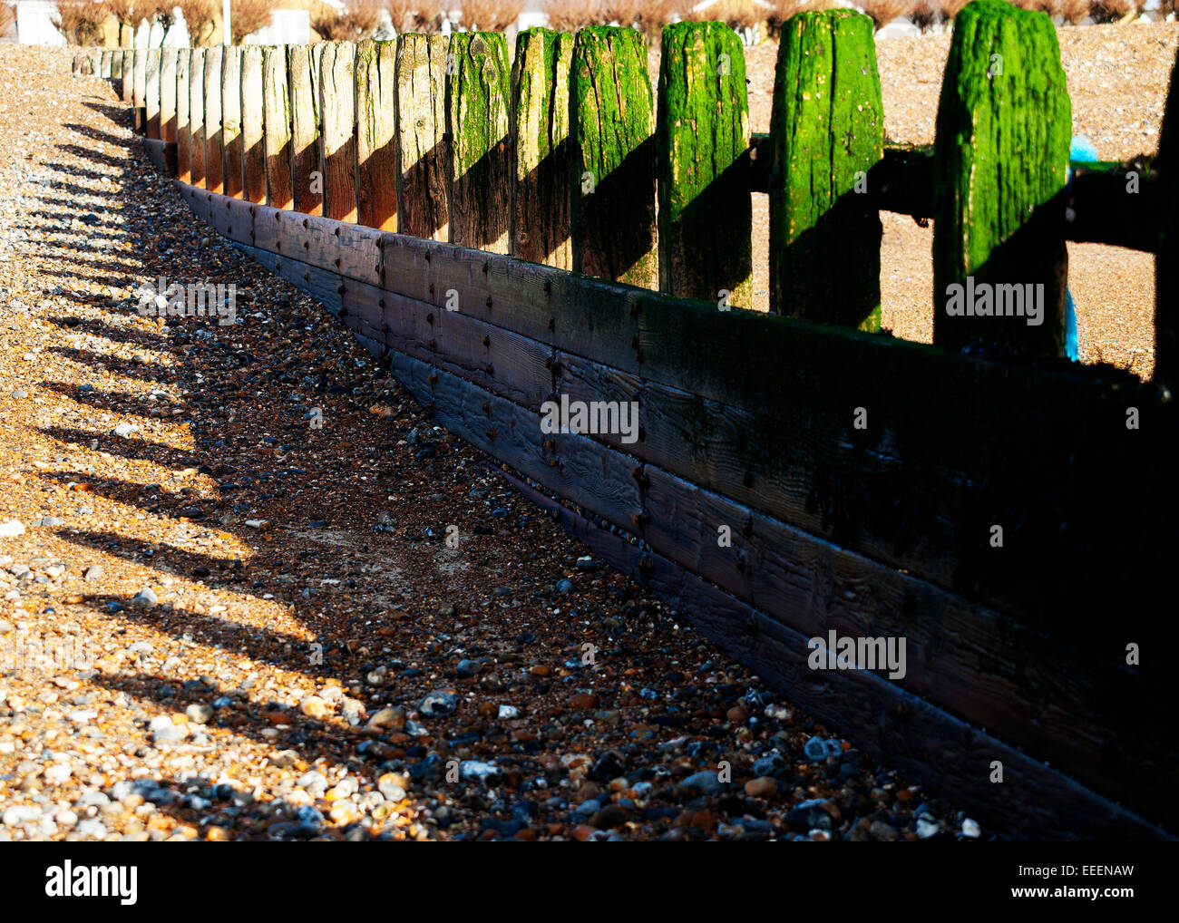 Sea defences defenses groin shadow Littlehampton Stock Photo - Alamy