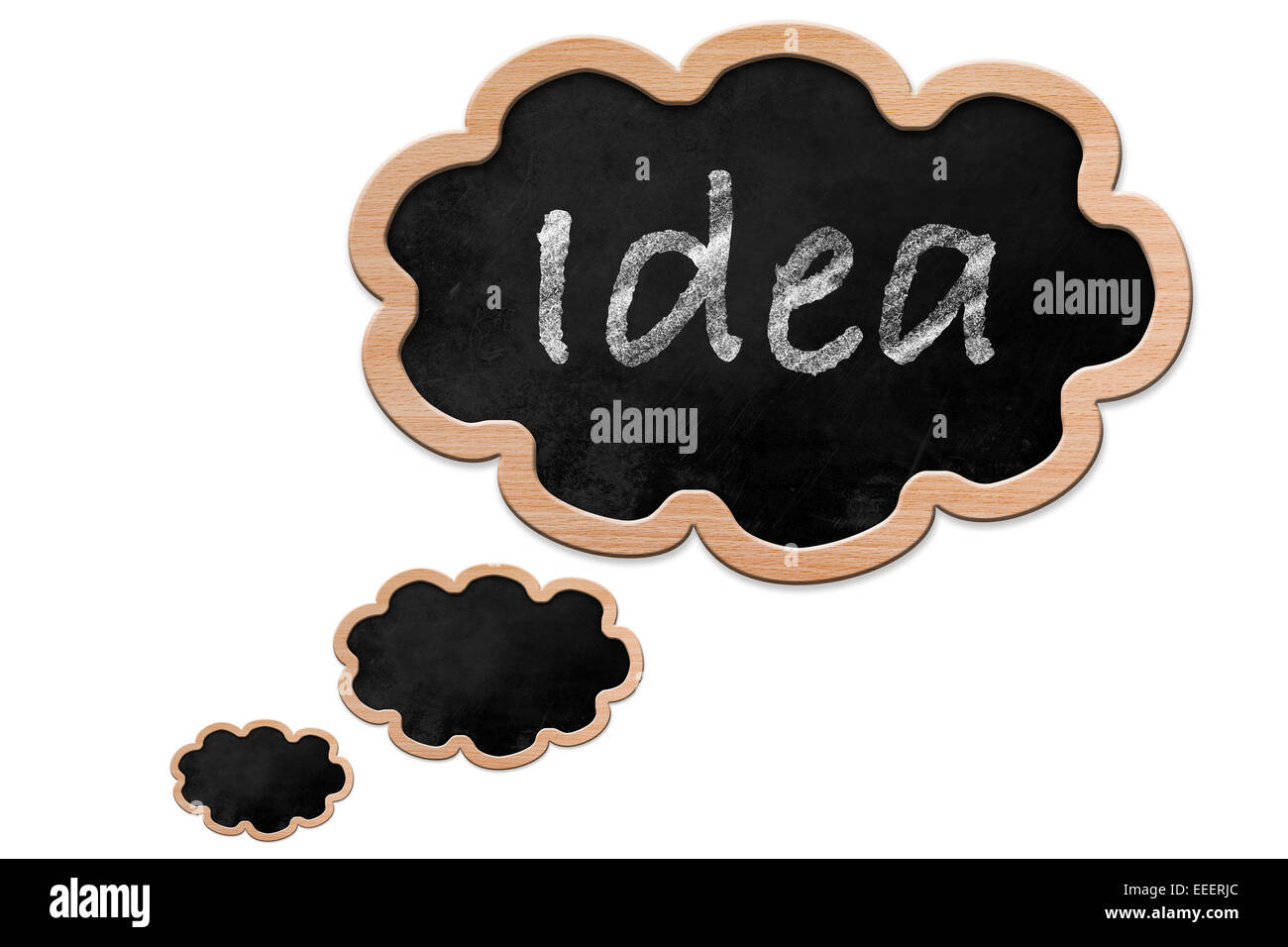 Idea written on a Blackboard in thought bubble shape with wooden frame ...