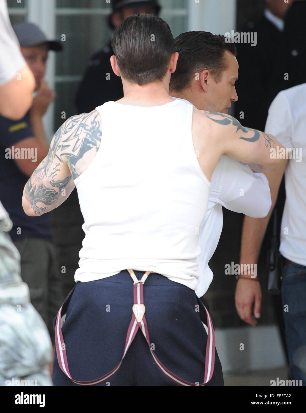 Tom Hardy filming scenes on the set of 'Legend' Featuring: Tom Hardy ...