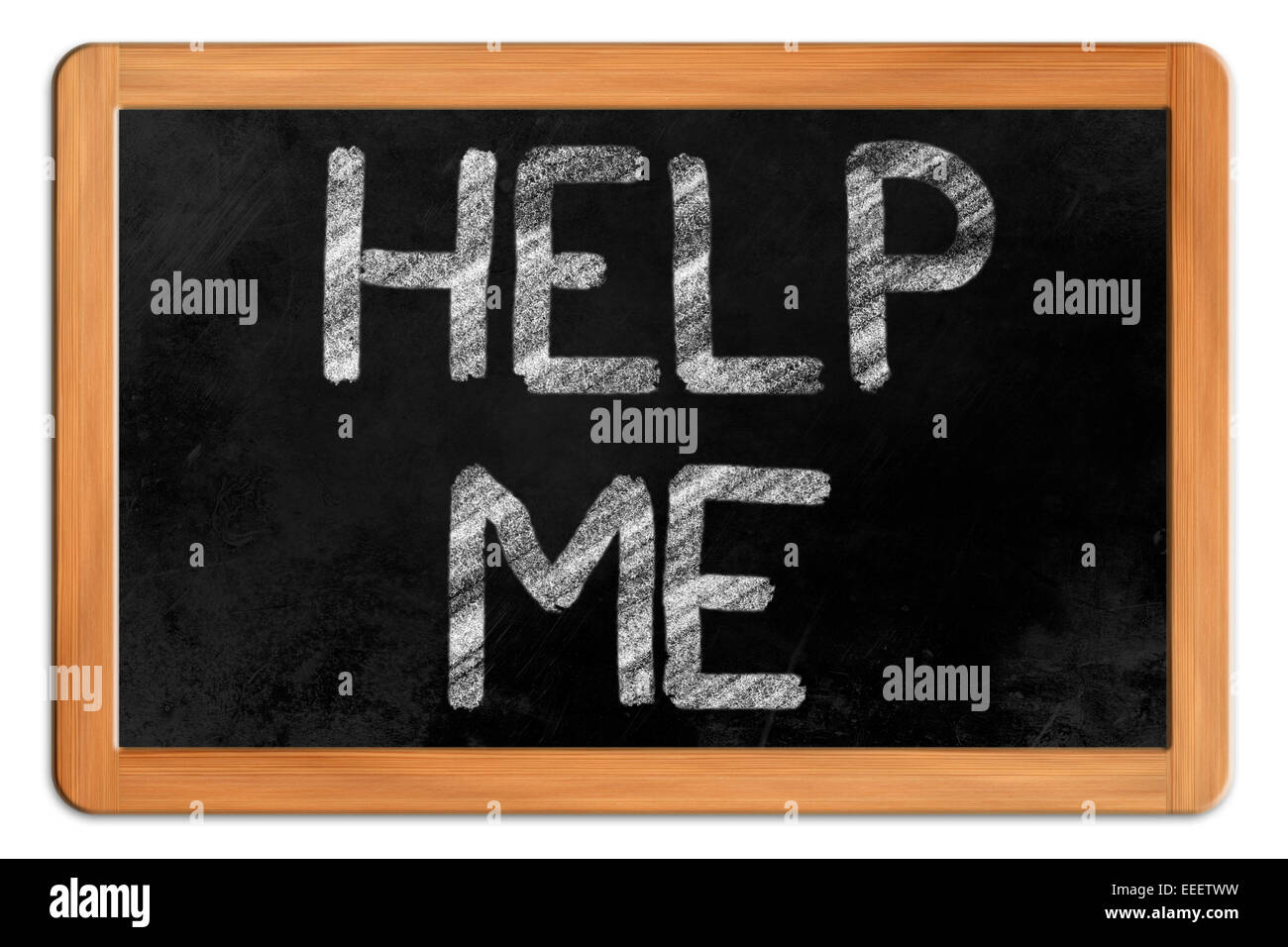Help me written on a Blackboard with wooden frame, isolated on white ...