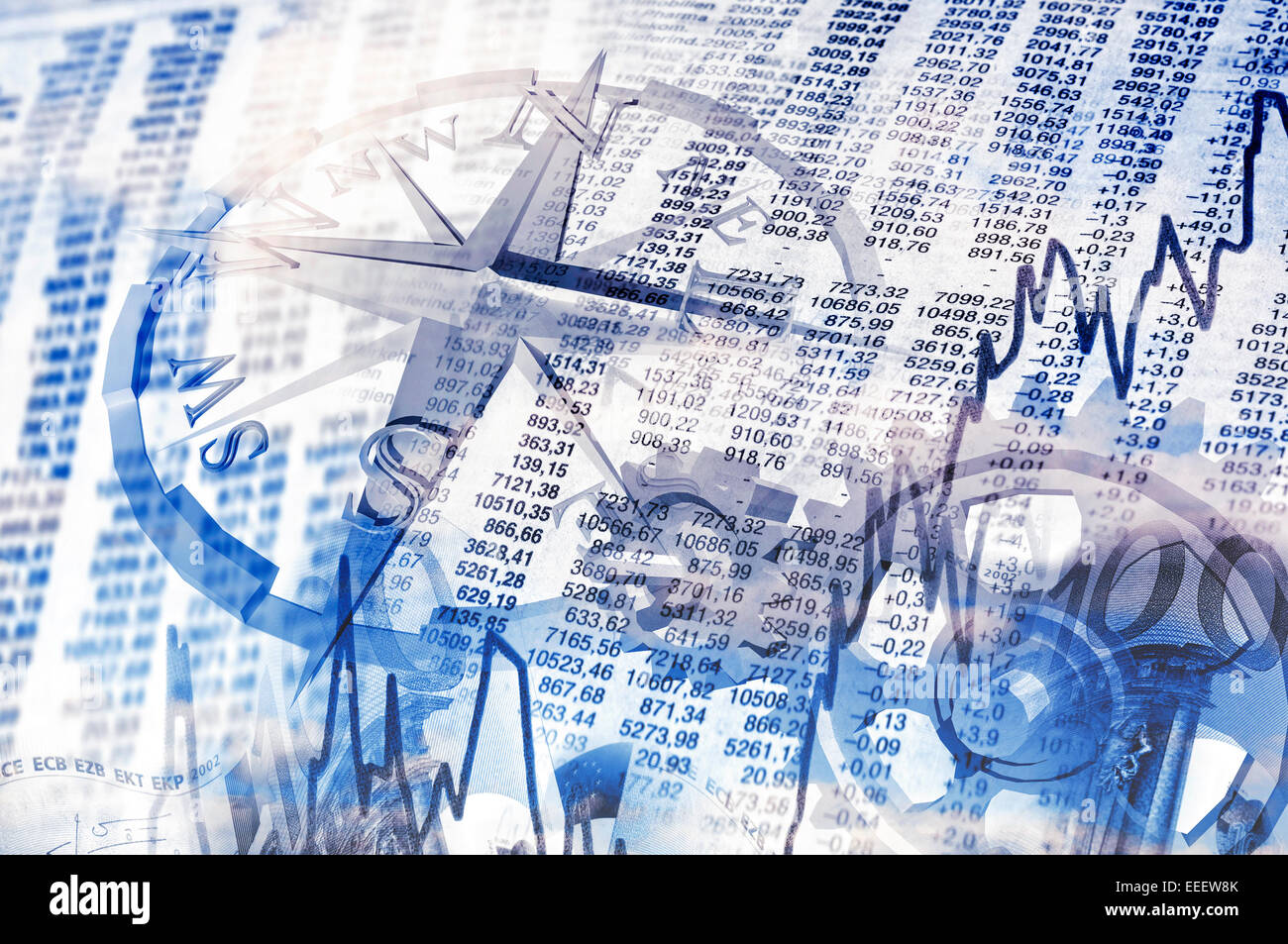 Share prices, charts, compass and gears as a symbol for the development ...