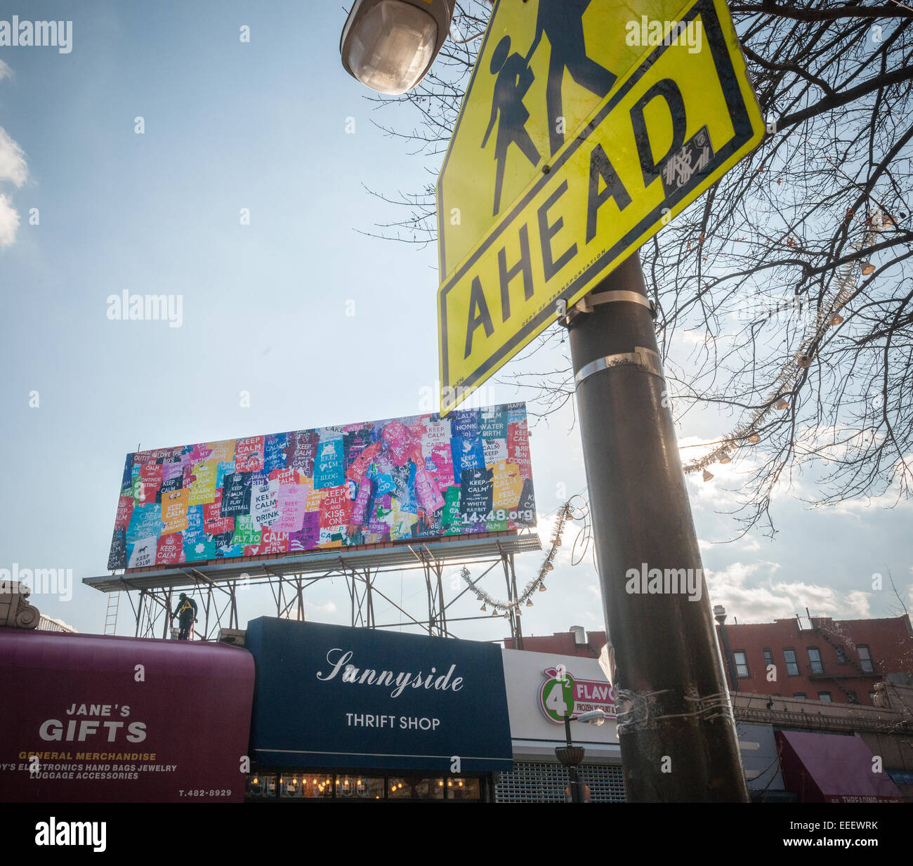 New York, USA. 16th Jan, 2015. The "Keep Calm Billboard" in Sunnyside ...