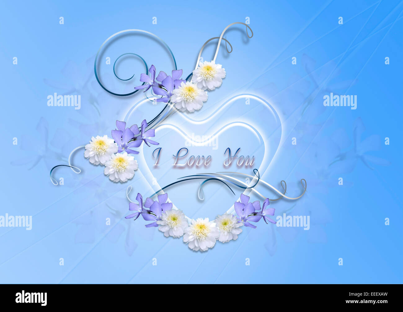 Hearts with periwinkle blue and asters on a blue background Stock Photo ...