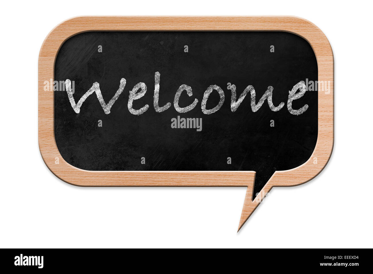 Welcome written on a Blackboard in speech bubble shape with wooden ...