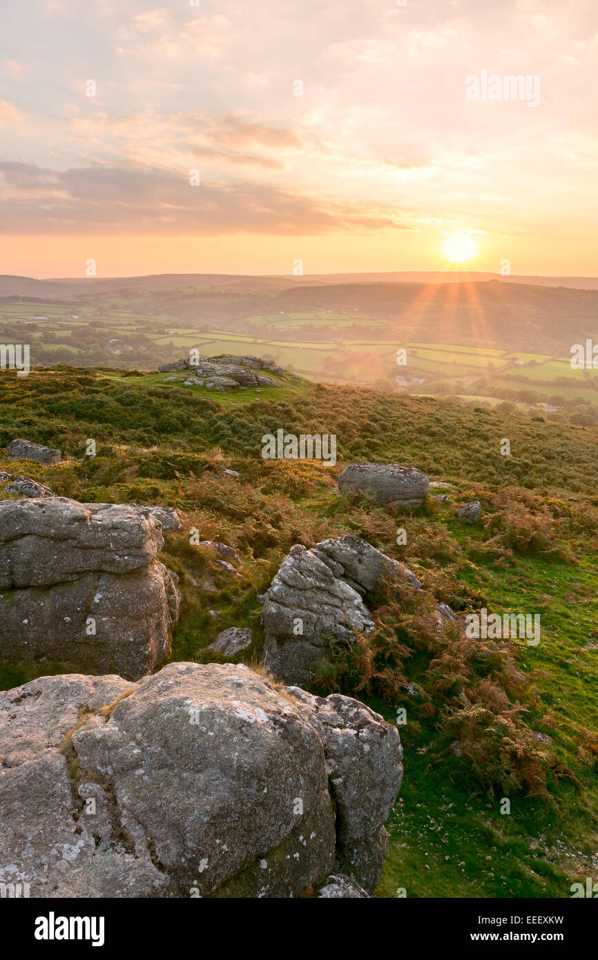Sunset Meldon Hill near Chagford, Dartmoor National Park Devon Uk Stock ...