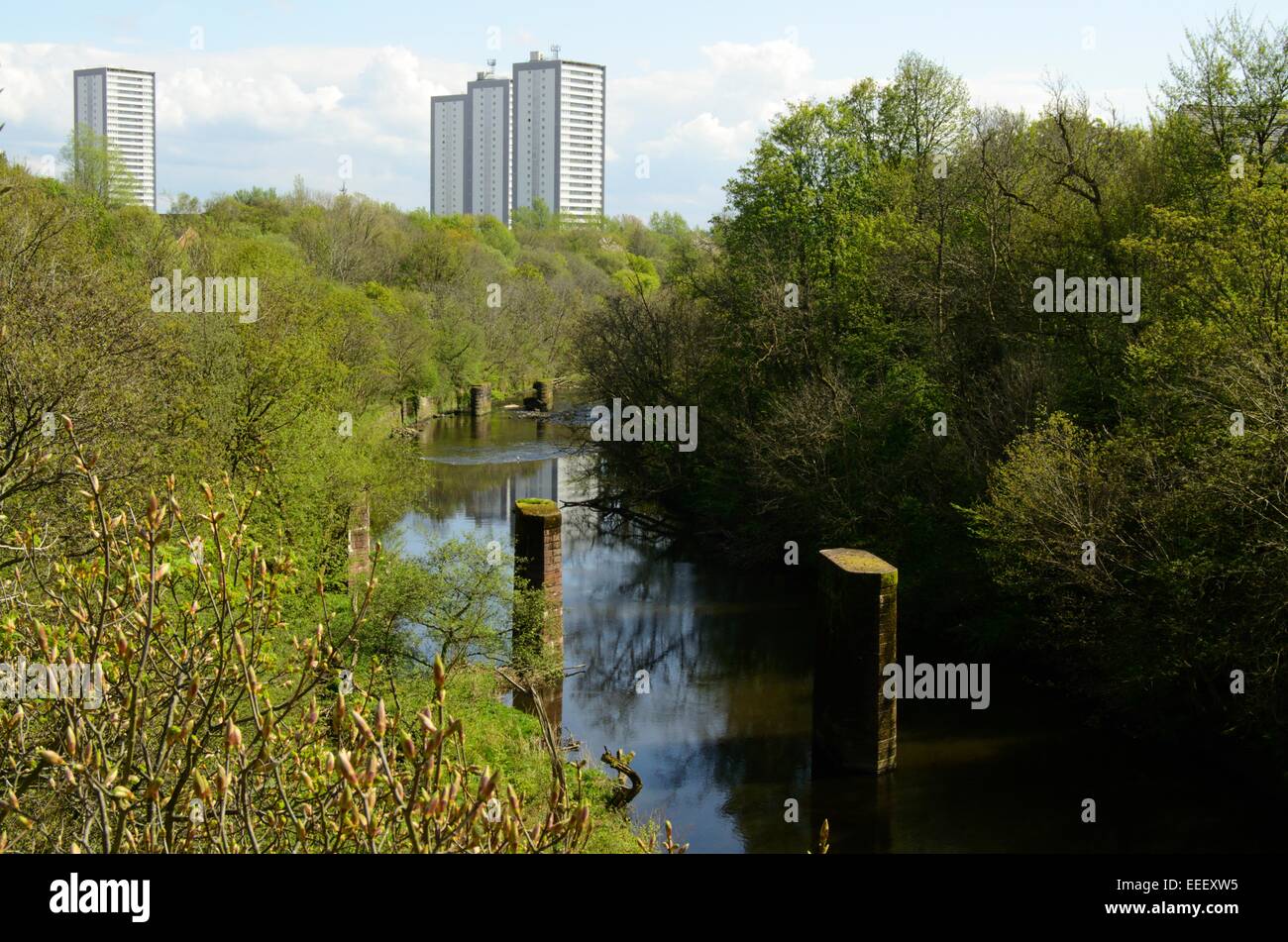 High rise flats and the River Kelvin from the Kelvin Aqueduct on the ...