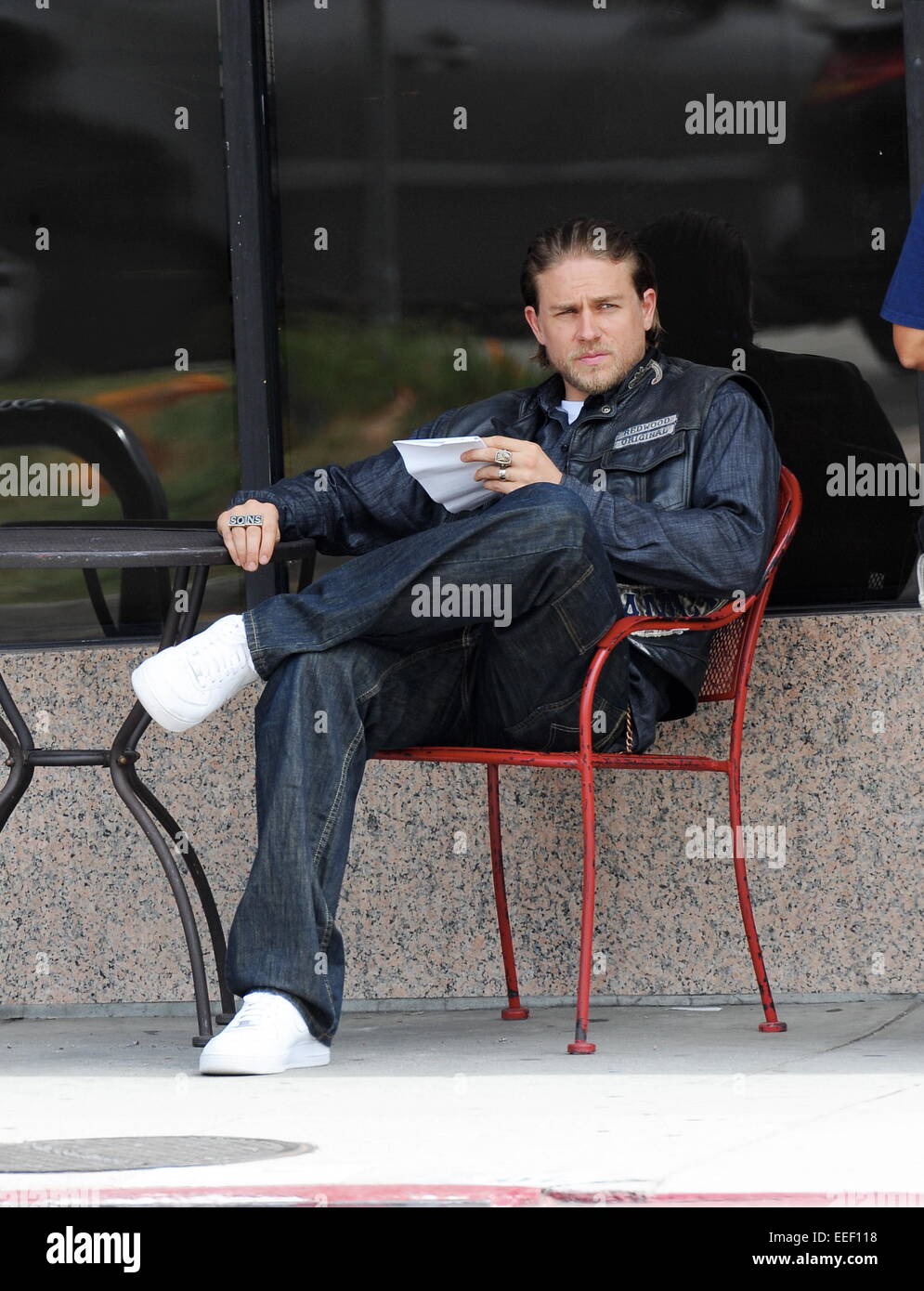 Actor Charlie Hunnam goes through his lines before filming a new ...