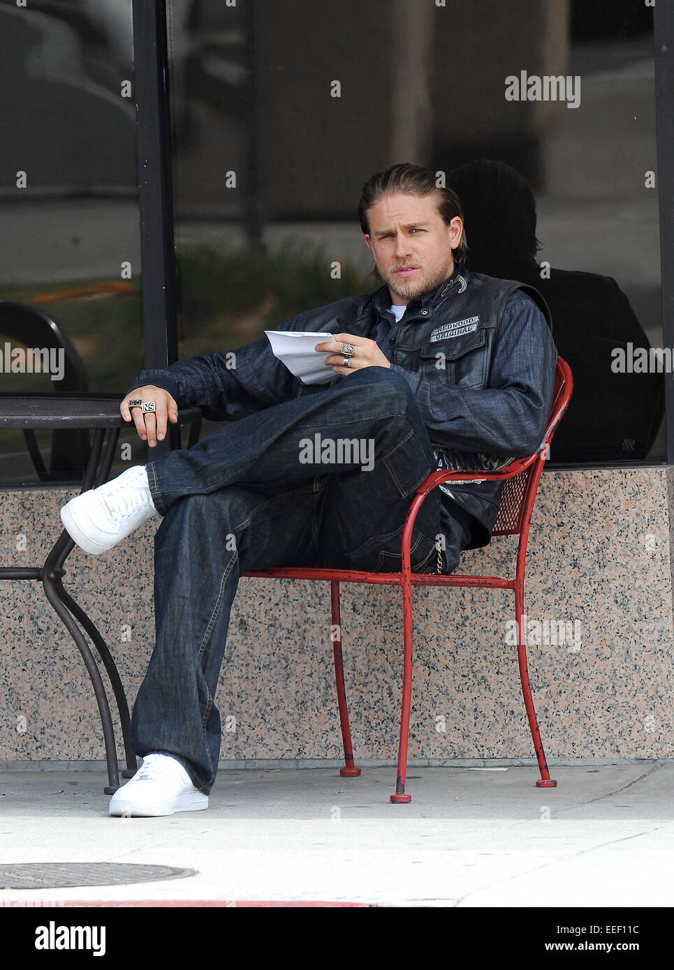 Actor Charlie Hunnam goes through his lines before filming a new ...