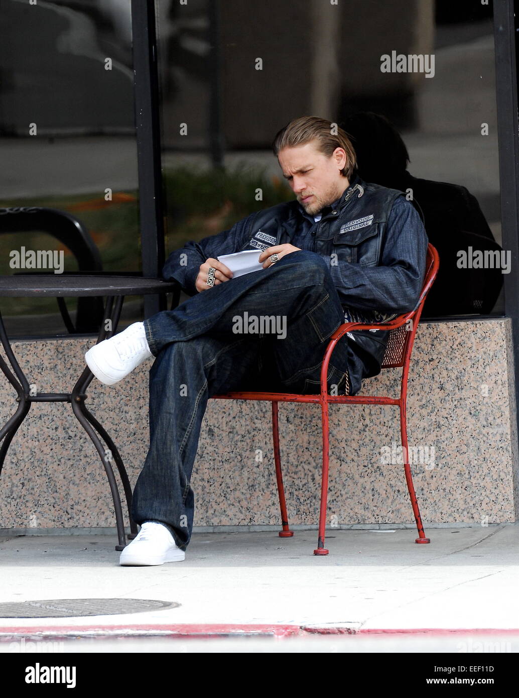 Actor Charlie Hunnam goes through his lines before filming a new ...